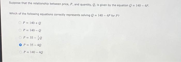 Solved Suppose that the relationship between price, P, and | Chegg.com