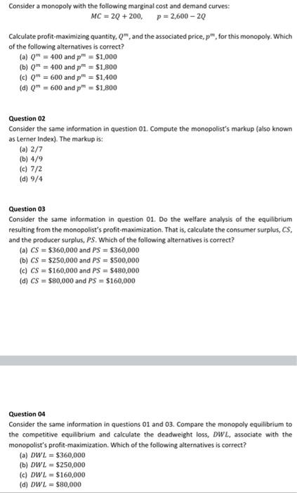 Solved MC=2Q+200,p=2,600−2Q Calculate profit-maximizing | Chegg.com