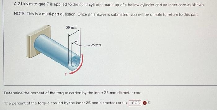 Solved A 2.1-kN.m torque T is applied to the solid cylinder | Chegg.com