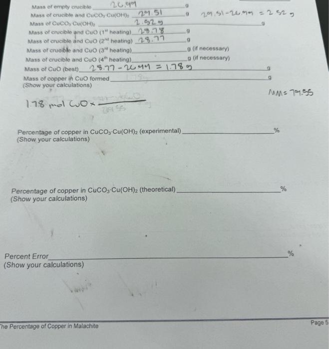 Mass of empty crucible 26.99 g Mass of crucible and | Chegg.com