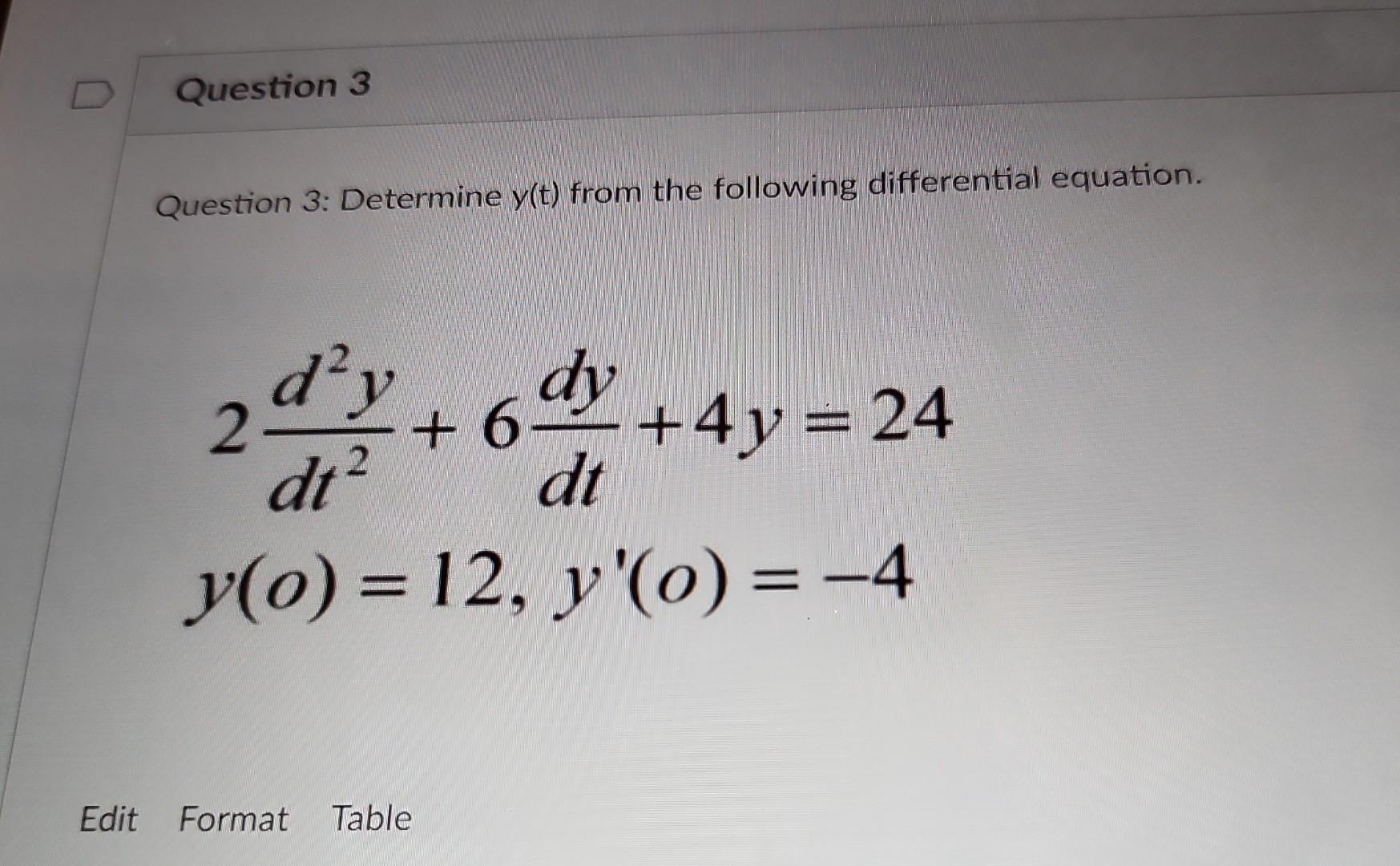 Solved 2dt2d2y+6dtdy+4y=24y(o)=12,y′(o)=−4 Edit Format Table | Chegg.com