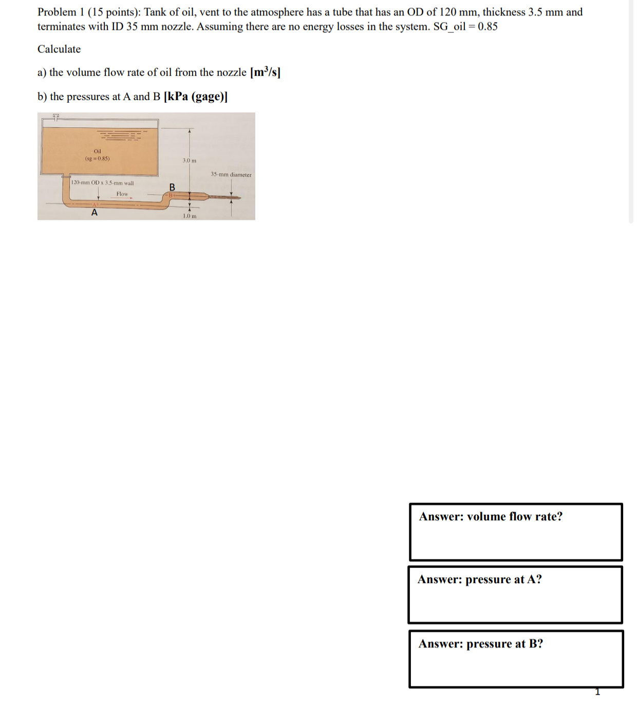 Solved Problem 1 ( 15 ﻿points): Tank of oil, vent to the | Chegg.com