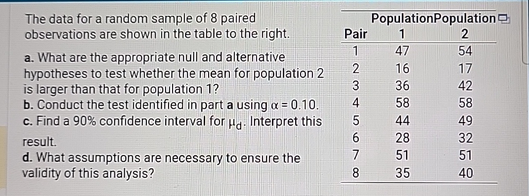 Solved The data for a random sample of 8 ﻿paired | Chegg.com