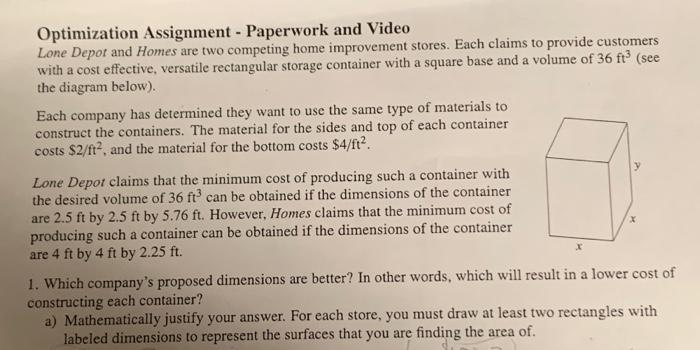 Solved Optimization Assignment - Paperwork and Video Lone | Chegg.com