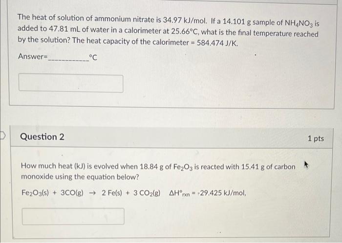 Solved The heat of solution of ammonium nitrate is 34.97 | Chegg.com