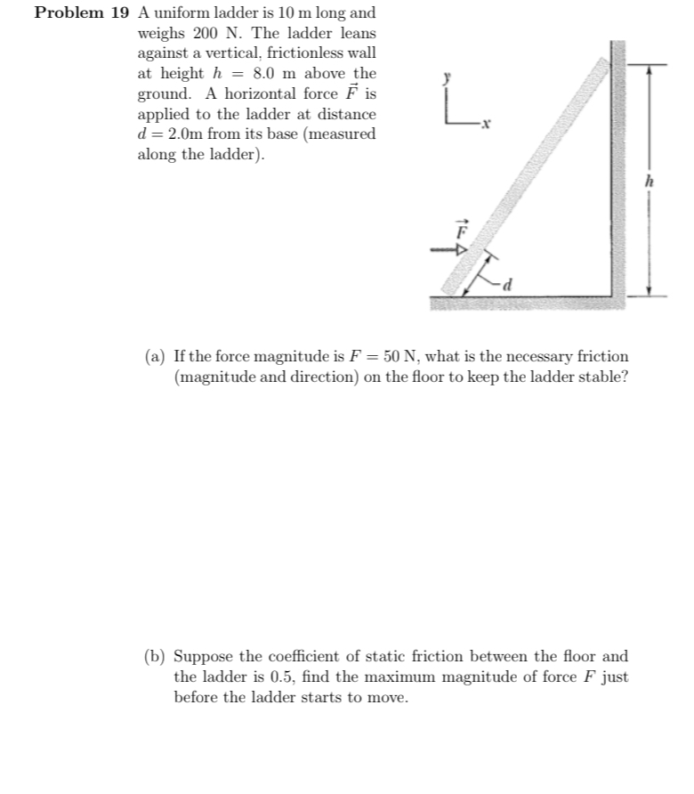Solved Problem 19 ﻿A uniform ladder is 10m ﻿long andweighs | Chegg.com