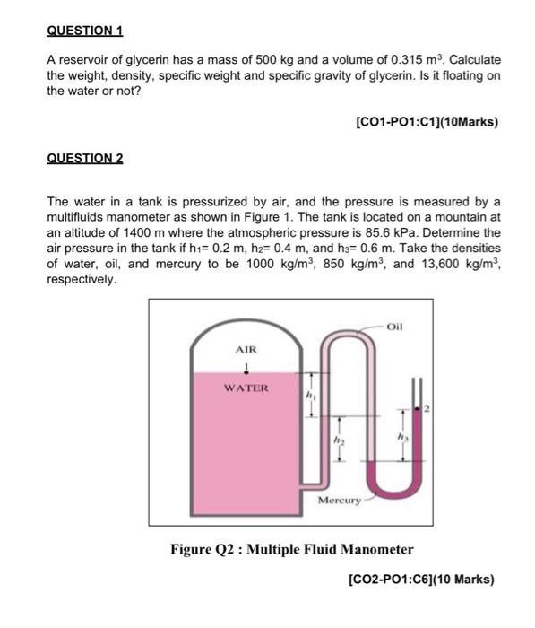 Solved QUESTION 1 A reservoir of glycerin has a mass of 500 | Chegg.com