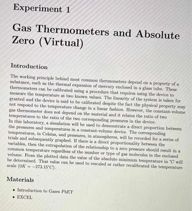 Solved Experiment 1 Gas Thermometers and Absolute Zero | Chegg.com