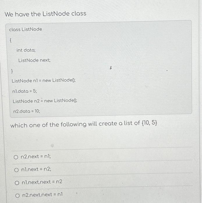 Solved We have the ListNode class class ListNode \{ int | Chegg.com Solved We have the ListNode class class ListNode \{ int | Chegg.com