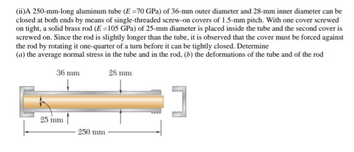 Solved (ii)A 250-mm-long aluminum tube (E =70 GPa) of 36-mm | Chegg.com