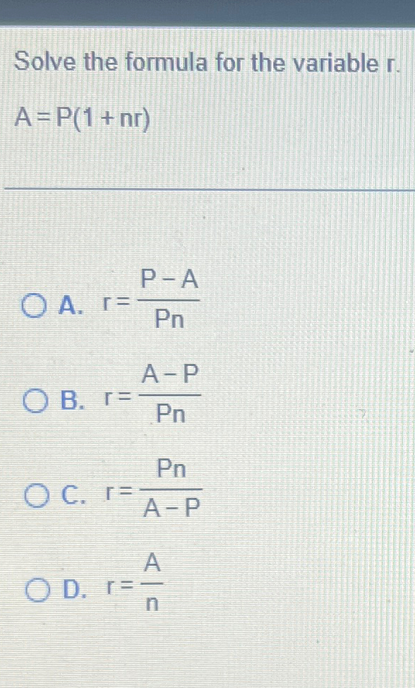 Solved Solve the formula for the variable | Chegg.com