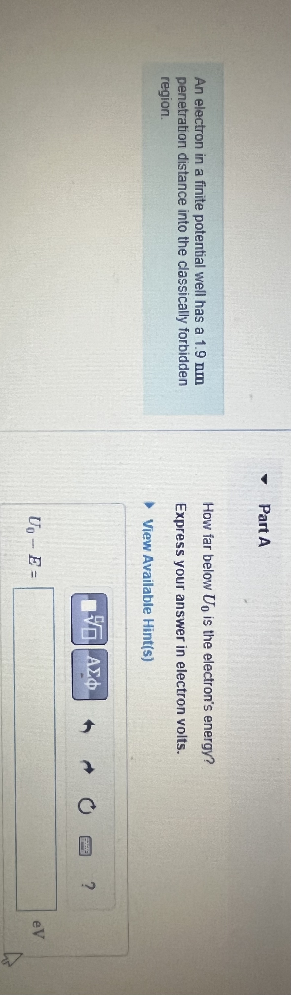 Solved An electron in a finite potential well has a 1.9nm | Chegg.com