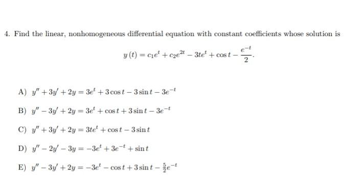 Solved Find the linear, nonhomogeneous differential equation | Chegg.com
