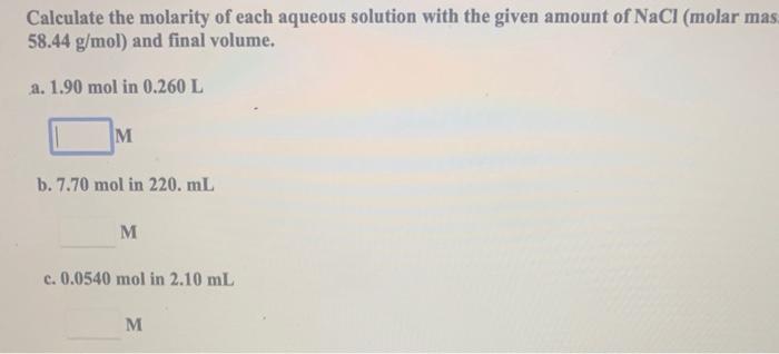 Solved Calculate the molarity of each aqueous solution with | Chegg.com