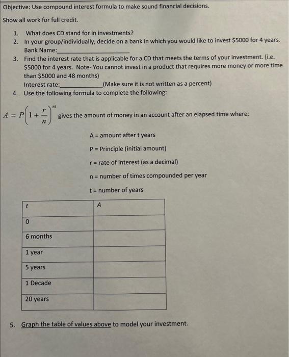 Solved Objective: Use compound interest formula to make | Chegg.com