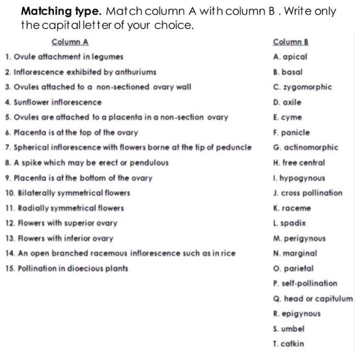 Solved Matching type. Match column A with column B. Write | Chegg.com