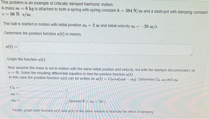 Solved This problem is an example of critically damped | Chegg.com