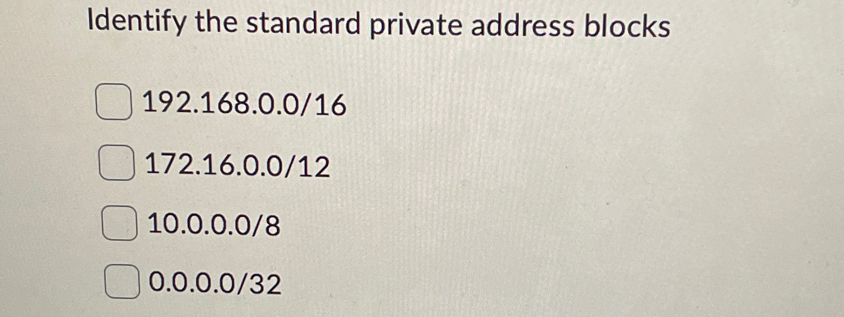 Solved Identify the standard private address | Chegg.com