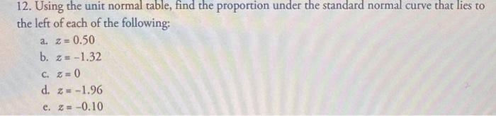Solved 12. Using the unit normal table, find the proportion | Chegg.com
