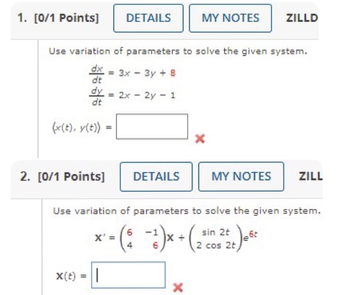 Solved [0/1 ﻿Points]ZILLDUse variation of parameters to | Chegg.com