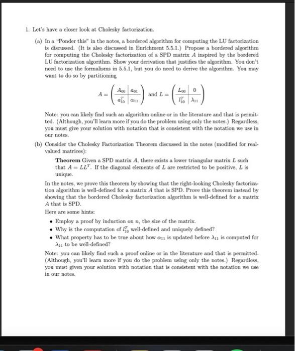 Solved 1. Let's have a closer look at Cholesky | Chegg.com