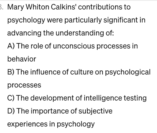 Solved Mary Whiton Calkins' contributions to psychology were | Chegg.com