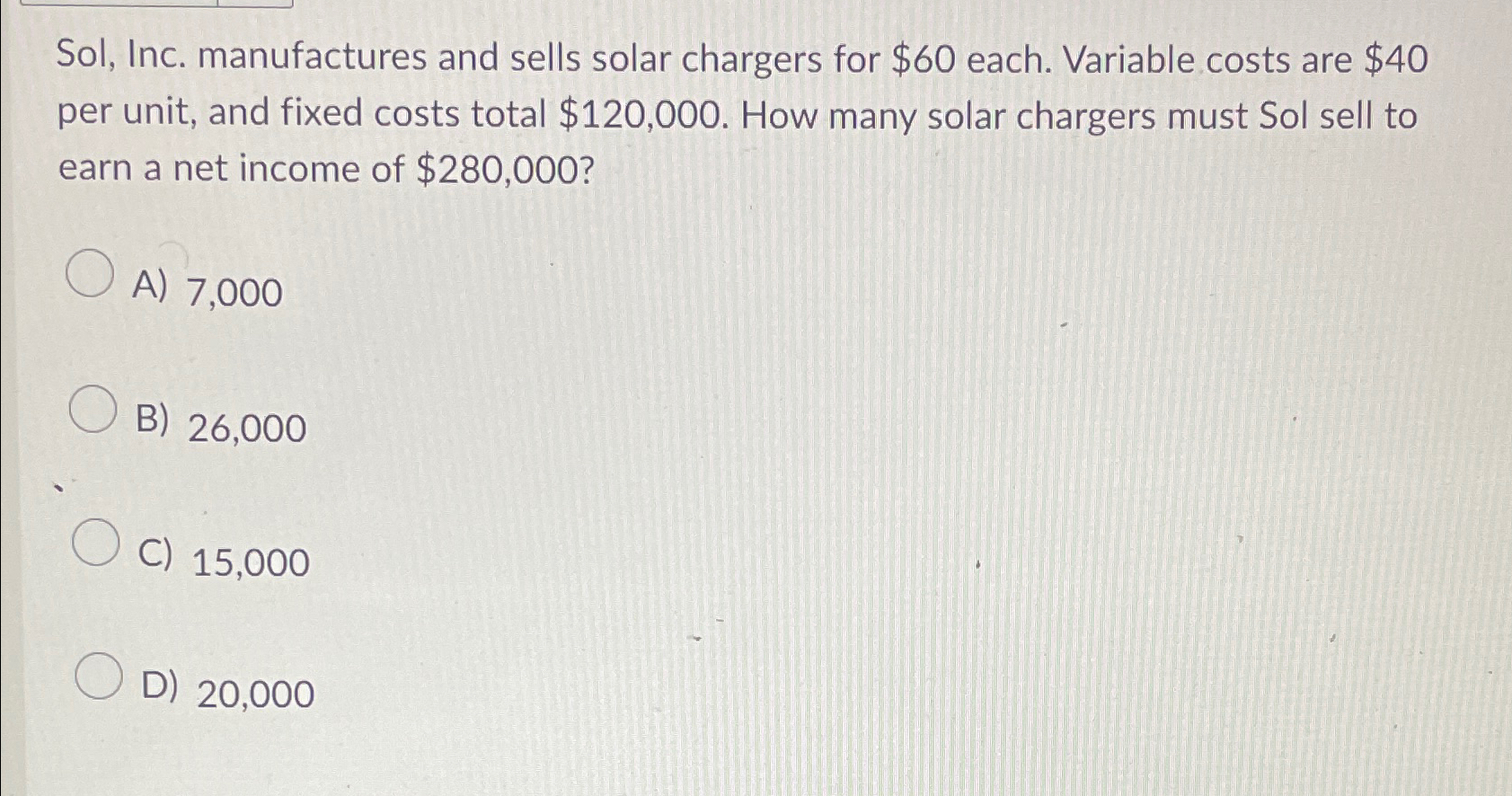 Solved Sol, Inc. manufactures and sells solar chargers for | Chegg.com