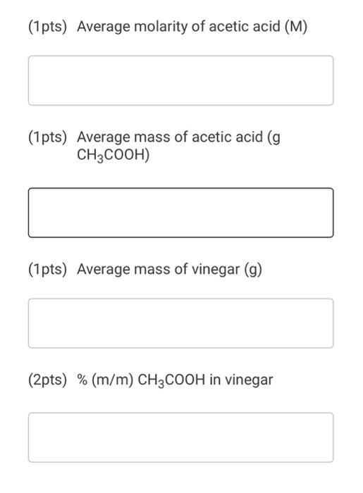 Solved (1pts) Average molarity of acetic acid (M) (1pts) | Chegg.com