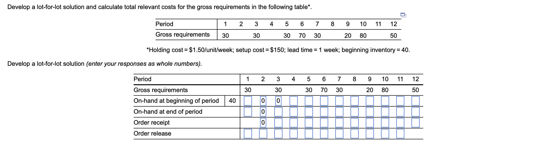Solved Develop a lot-for-lot solution and calculate total | Chegg.com
