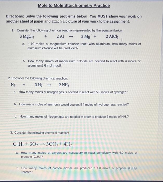 Solved Mole to Mole Stoichiometry Practice Directions: Solve | Chegg.com