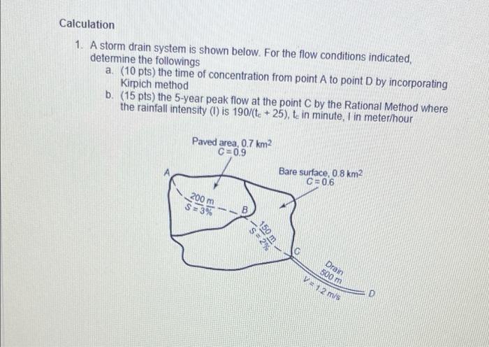 Solved Calculation 1. A storm drain system is shown below. | Chegg.com