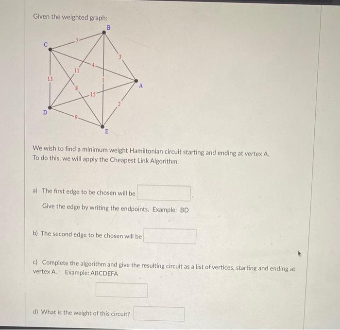 Solved Given the weighted graph: B 13 D E We wish to find a | Chegg.com