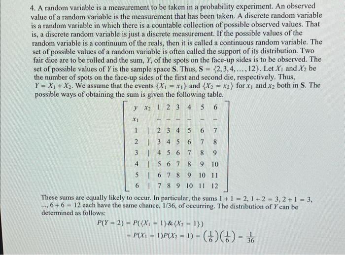 Solved 4. A random variable is a measurement to be taken in | Chegg.com