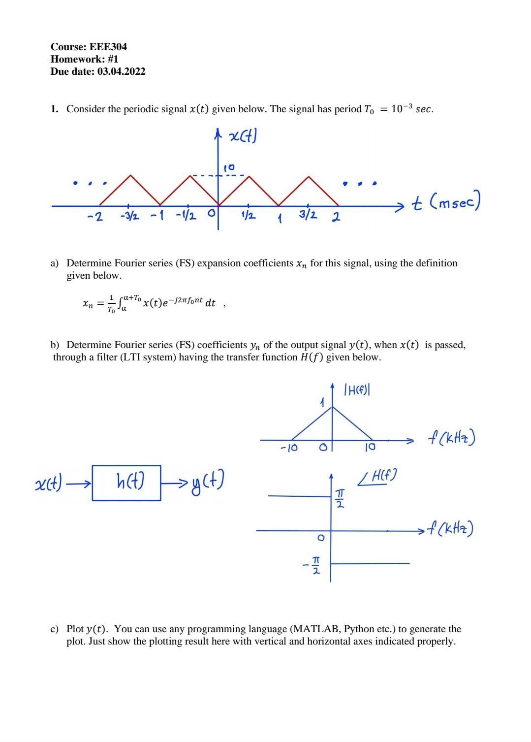 Solved 1. Consider the periodic signal x(t) given below. The | Chegg.com