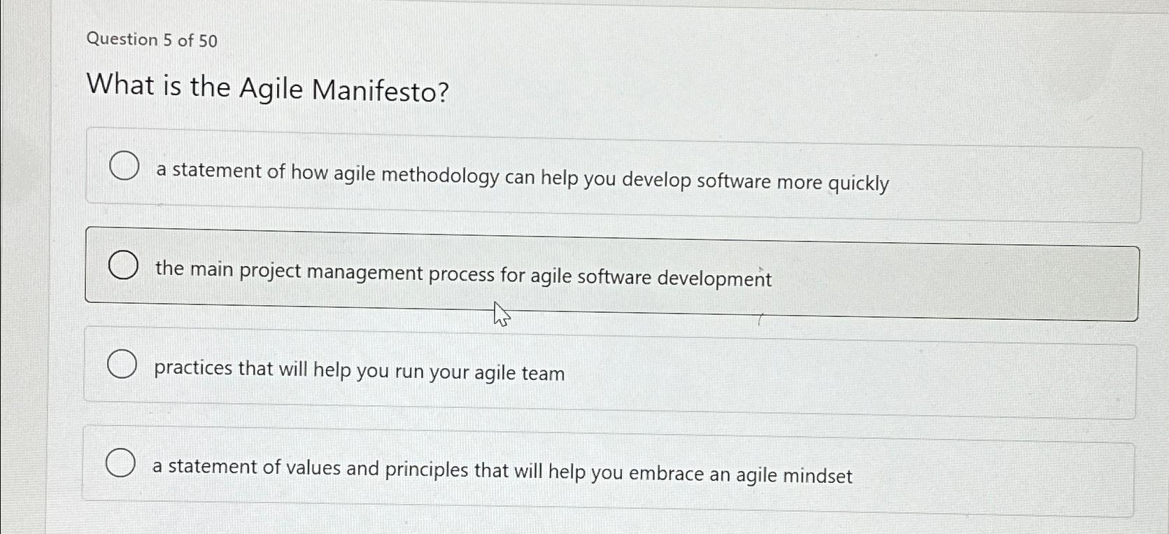 Solved Question 5 ﻿of 50What is the Agile Manifesto?a | Chegg.com