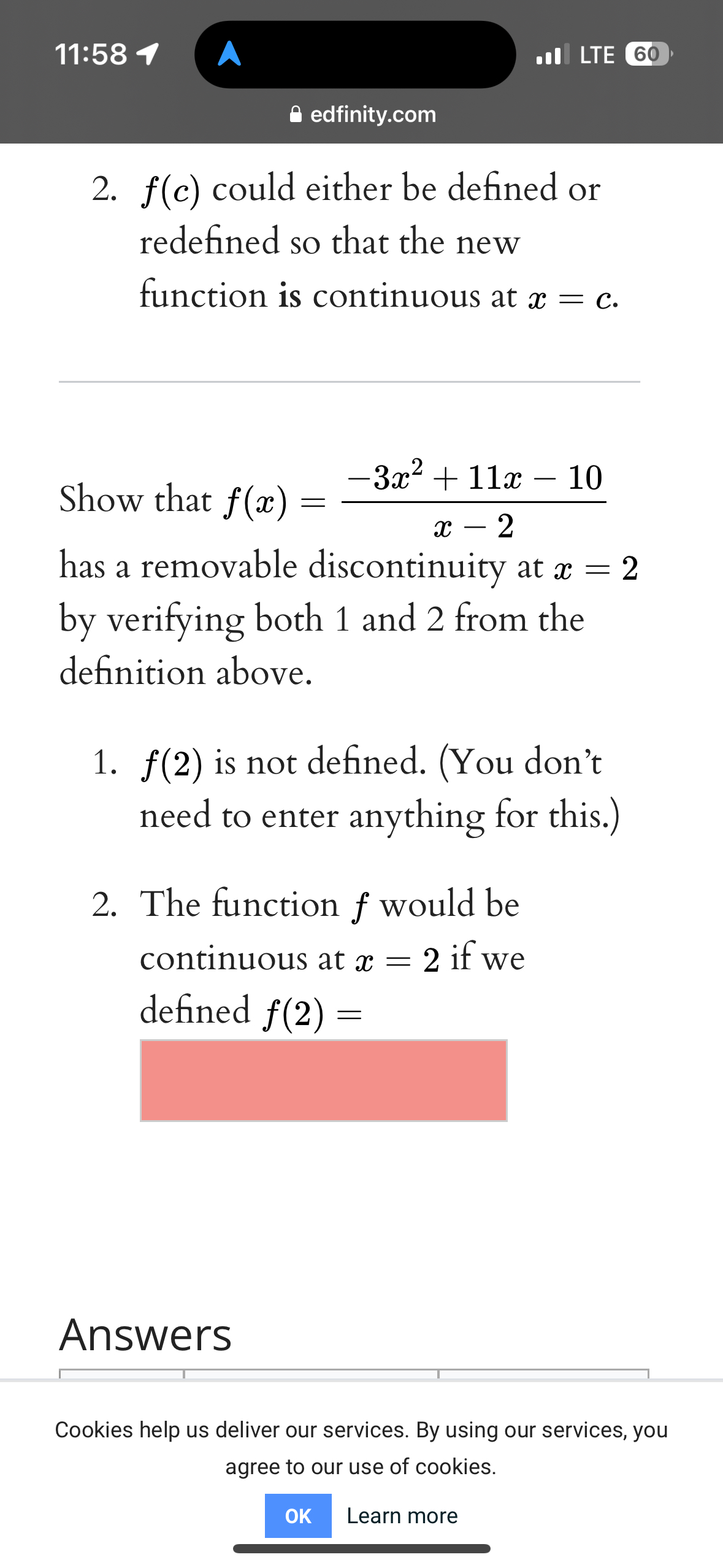 Solved 11:58LITE60a edfinity.com2. f(c) ﻿could either be | Chegg.com