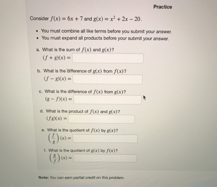 Solved Practice Consider f(x) = 6x + 7 and g(x) = x2 + 2x – | Chegg.com