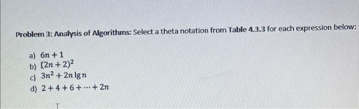 Solved Problem 3: Analysis of Algorithms: Select a theta | Chegg.com