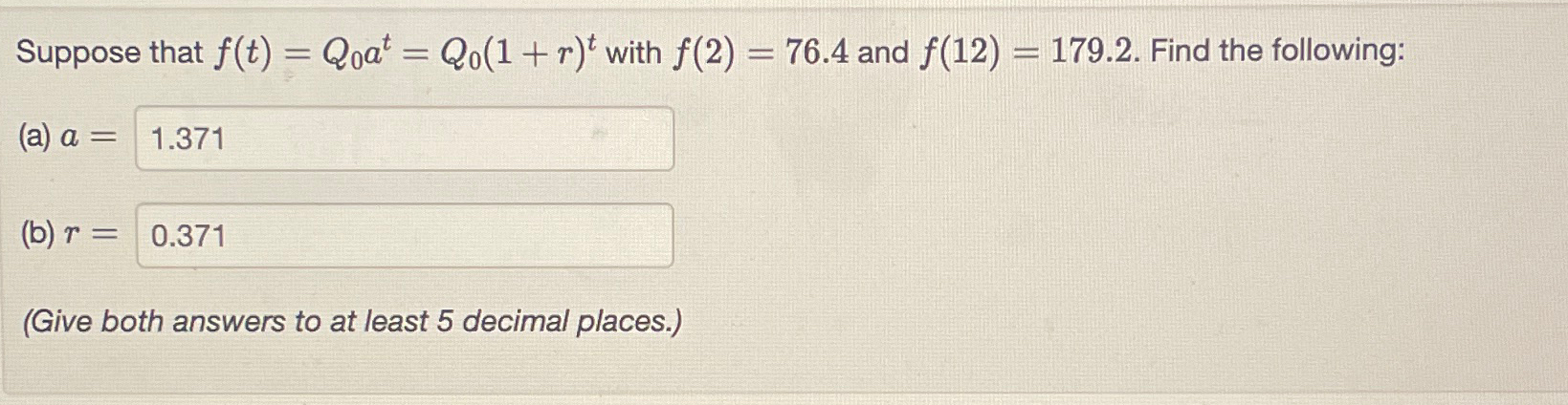 Solved Suppose that f(t)=Q0at=Q0(1+r)t ﻿with f(2)=76.4 ﻿and | Chegg.com