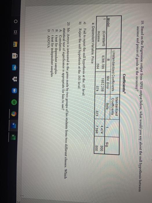 Solved 19. Based on the Regression output from SPSS output | Chegg.com