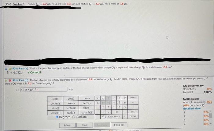 Solved (70) Problem 1: Particle Q1=2.2μC has a mass of | Chegg.com