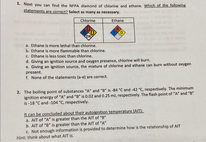 1. Next you can find the NFPA diamond of chlorine and | Chegg.com