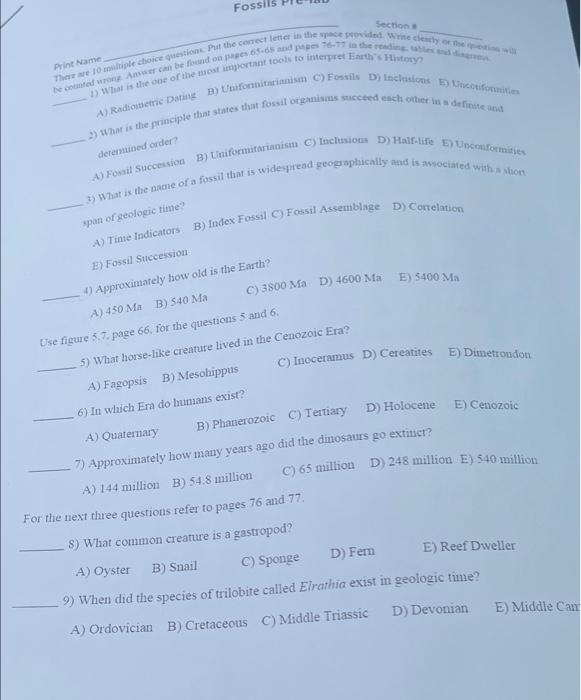 Solved Fossils Section Print Name The choice question Pat | Chegg.com