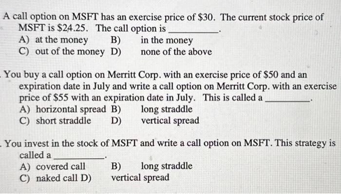 Solved A call option on MSFT has an exercise price of $30. | Chegg.com