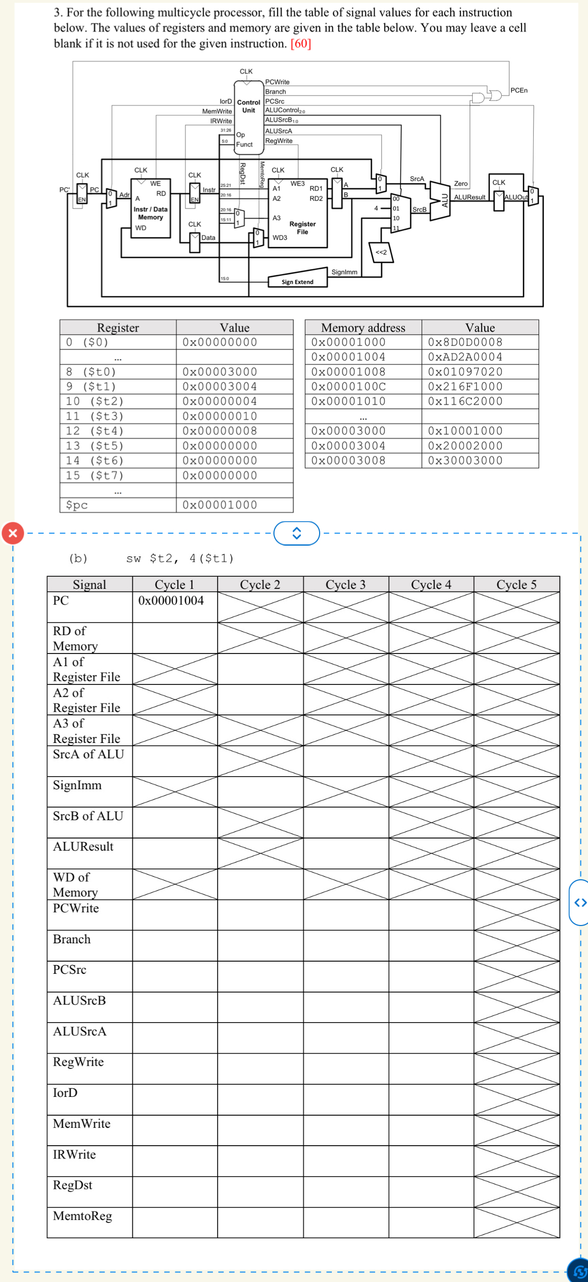 Solved For the following multicycle processor, fill the | Chegg.com