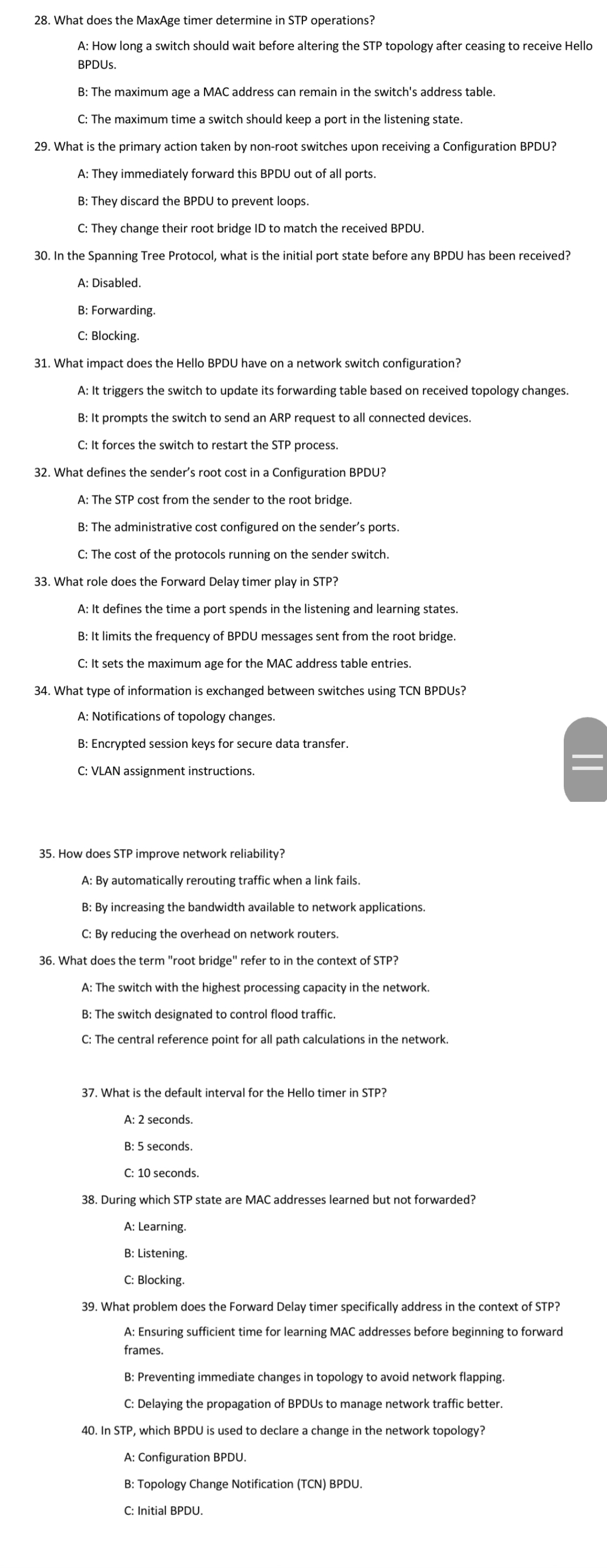 Solved MCQ exercises (28-40) ﻿about switching, LAN, STP | Chegg.com