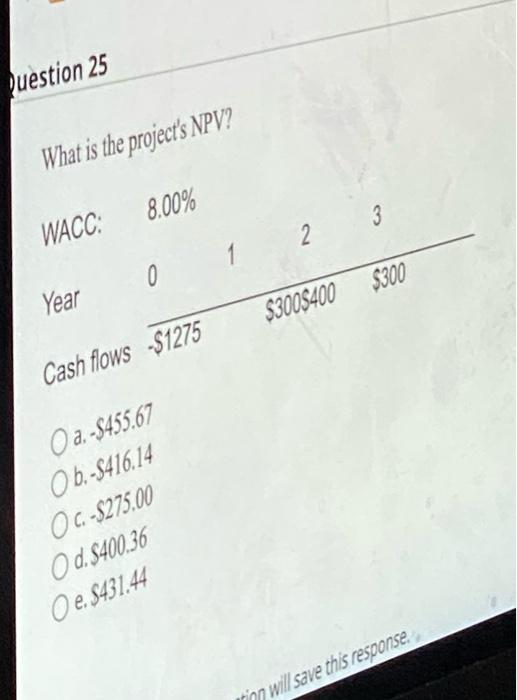 Solved duestion 25 What is the project's NPV? 2. $455.67 b. | Chegg.com