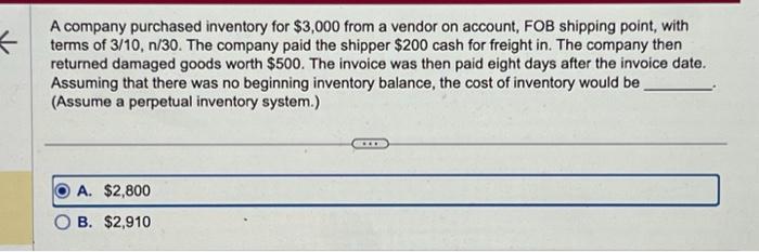 Solved A company purchased inventory for $3,000 from a | Chegg.com