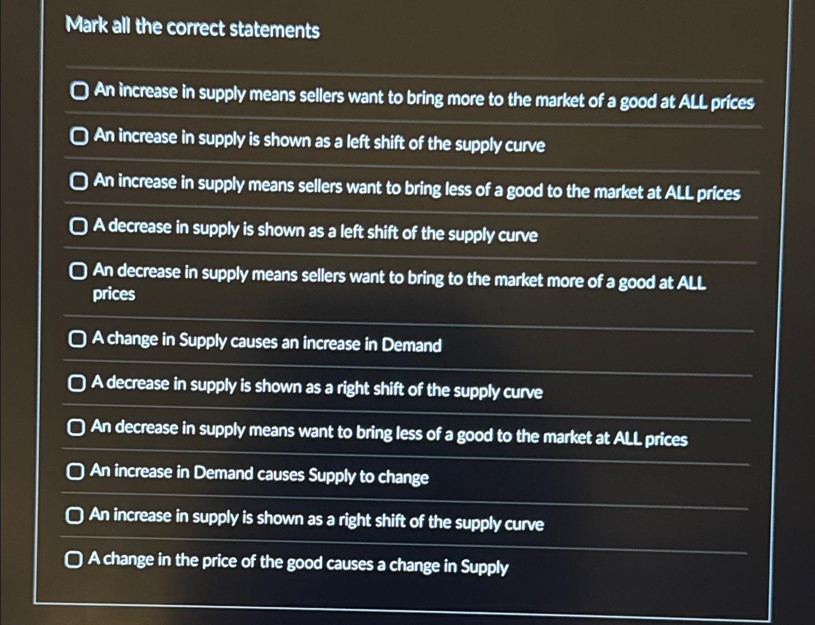 Solved Mark all the correct statementsAn increase in supply | Chegg.com