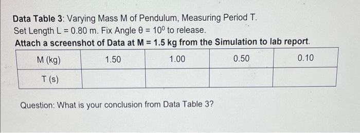 Solved Data Table 3: Varying Mass M of Pendulum, Measuring | Chegg.com